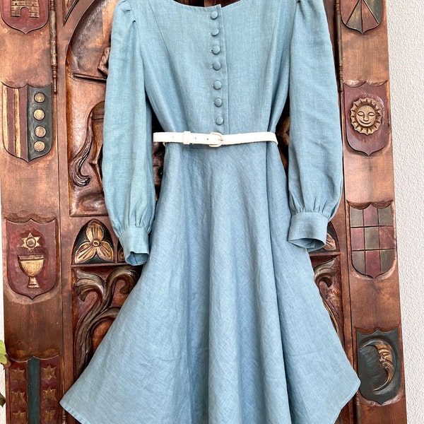 MADLEN Linen Dress, Boat Neck, Puffy Long Sleeves, Cottagecore Dress ...