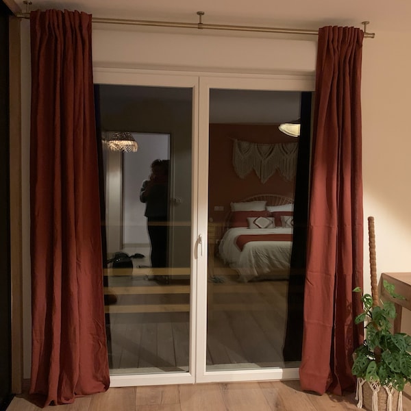 55"/140 Cm Wide Extra Long Linen Curtain, Rust Linen Window Drape ...
