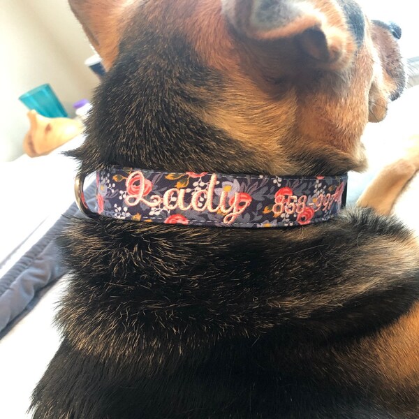 Blue Floral Dog Collar, Embroidered Dog Collar, Personalized Dog Collar ...