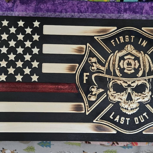 Wood Engraved Wooden Firefighter Tribute Flag: Skull Emblem, First in ...