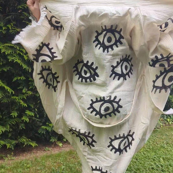 Handmade Muslin Cotton Red Evil Eye Short Kimono Cardigan Robe, Evil ...