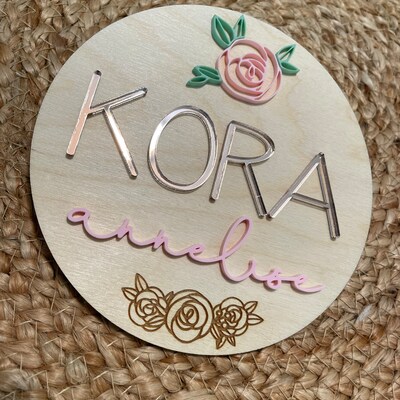 Rose Baby Girl Name Sign Floral Wood Name Sign 3D Name Announcement ...