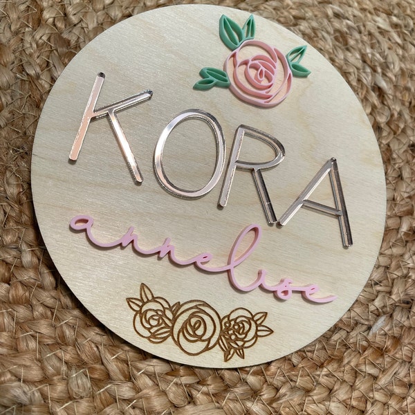 Rose Baby Girl Name Sign Floral Wood Name Sign 3D Name Announcement ...