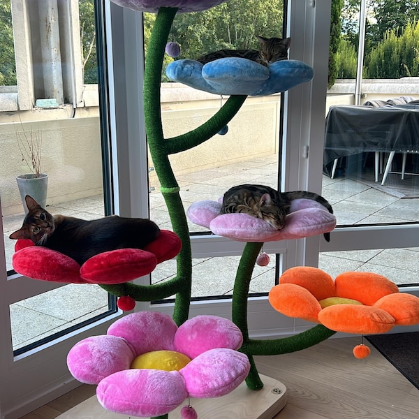 Wood Floral Cat Tree Tower, Wooden Cat Tower, Modern Cat Climbing Tree ...