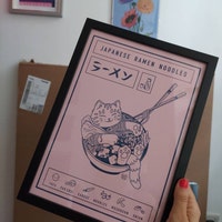 Japanese Ramen Noodles Cat Illustrated Art Print Cat Lover Unique Gift ...