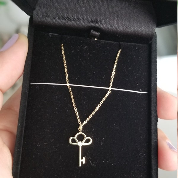 14k 18k Solid Gold Key Diamond Necklace, Diamond Key Necklace, Dainty ...