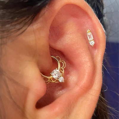 14k Solid Gold Flower Rook Earring Gold Rook Piercing Eyebrow Ring ...