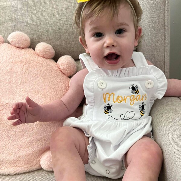 Personalized BUMBLE BEE Sunsuit Bubble Romper, Bumble Bee Sunsuit Romper, Girls Sunsuit, Bee-day ...