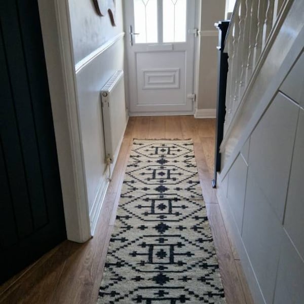 White and Black Wool Jute Kilim Runner, Jute Rug Wool Rug Kilim Dhurrie ...