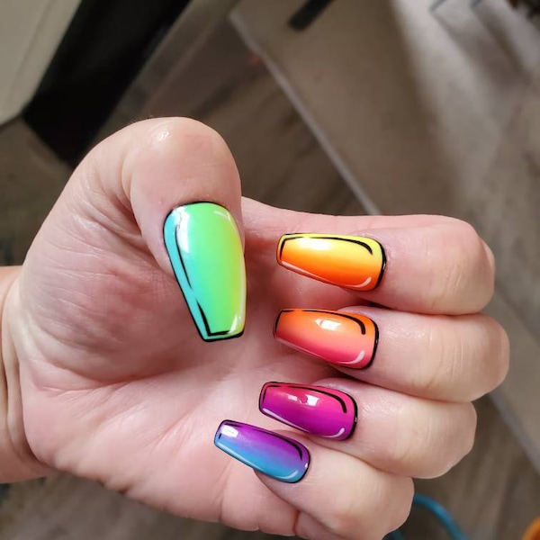 Rainbow Pop Art Nails/ Neon Press on Nails/ Handcrafted Neon Ombre ...