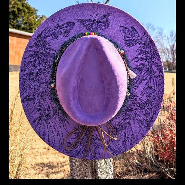 Crystal Hat, Hand Painted Fedora, Wide Brim Hat, Woodburned Hat, Pastel ...