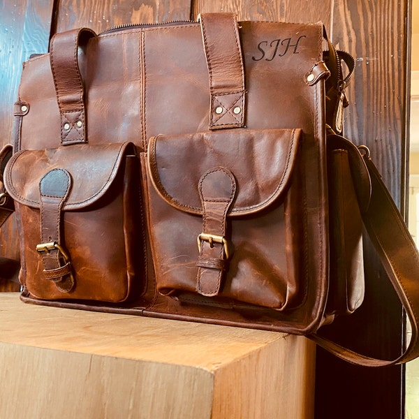 Personalized Large Leather Briefcase for Men, 17" Travel Leather ...