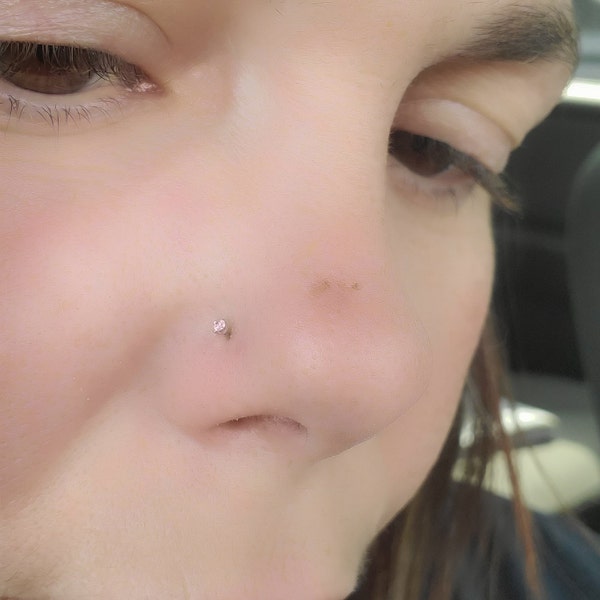 25g Round Cut Nose Stud 14K Solid Yellow Gold Circle Cubic Zirconia Gem ...