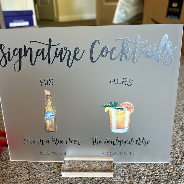 Bar Menu Signature Cocktails Custom Clear Glass Look Acrylic Wedding ...