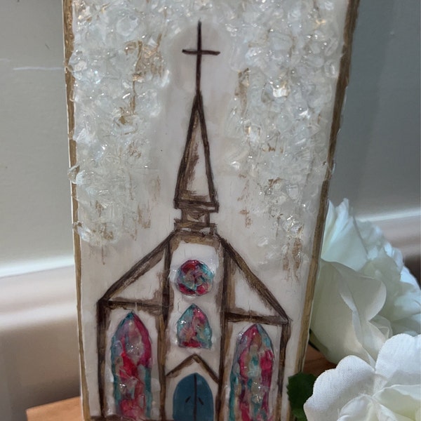 Textured Tall Church, Glass Art, Block Art, Crushed Glass, Resin Art ...
