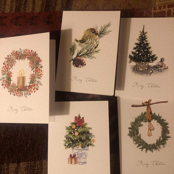 5x Christmas Watercolour Cards, Winter Holidays Card Set, Christmas ...