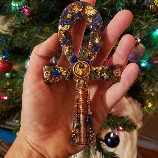 Orgone Holographic Ankh With Lapis Lazuli, Shungite, Rhodizite, Peridot ...