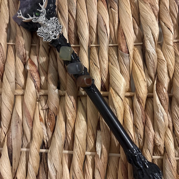 11" Natural Crystal Magic Wand, Handmade Black Wand, Quartz Magic ...