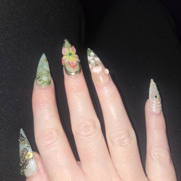 Fairy Tale Flower Long Almond Press on Nails, 3D Fairycore Nails ...
