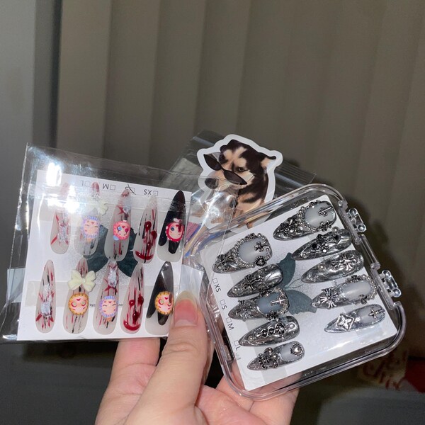 Silver Chrome Cross Heart Press on Nails, Punk Goth Y2K Emo Fake Nails ...