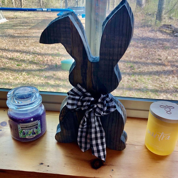 Large 14” Solid Wood Farmhouse Style Rustic Easter Bunny With Bow Plaid ...