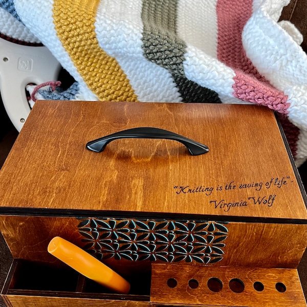 Knitting Needle Organizer - Large Wooden Yarn Box With Lid - Crochet ...