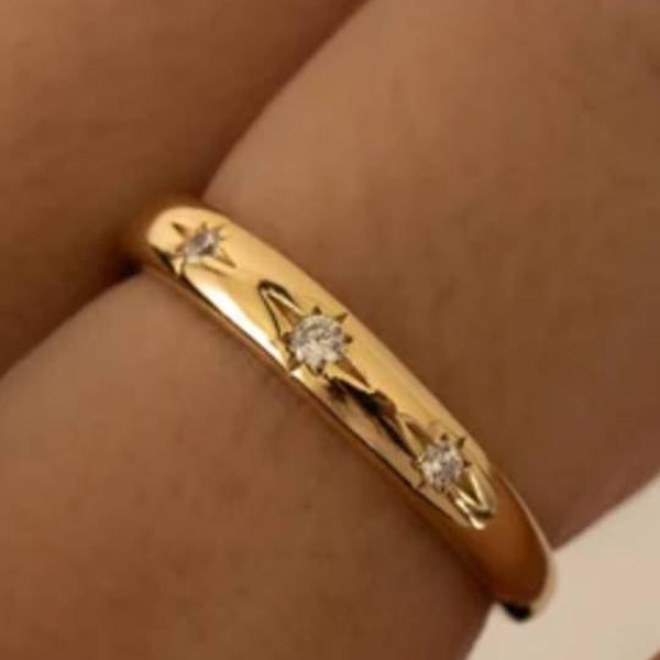 Thin Starburst Diamond Ring, Star Setting Celestial Ring, Gold Ring ...