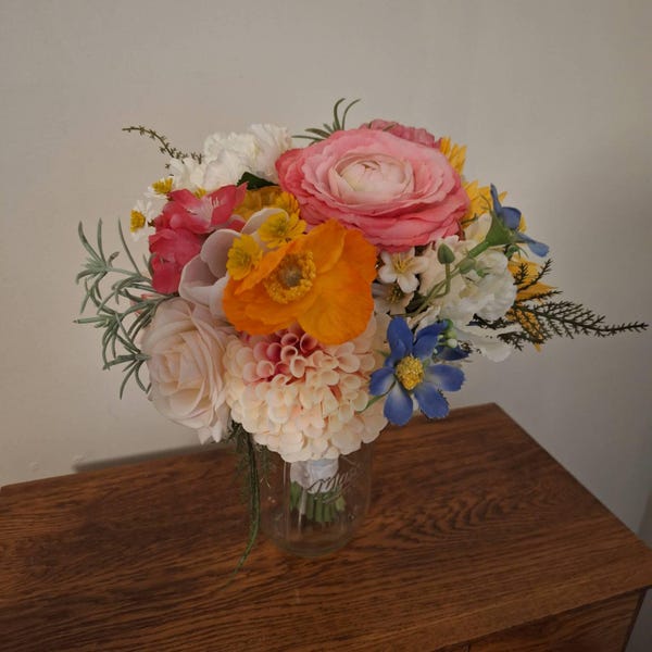 Wildflower Bridal Bouquet, Colorful Orange Hot Pink Wedding Bouquet ...