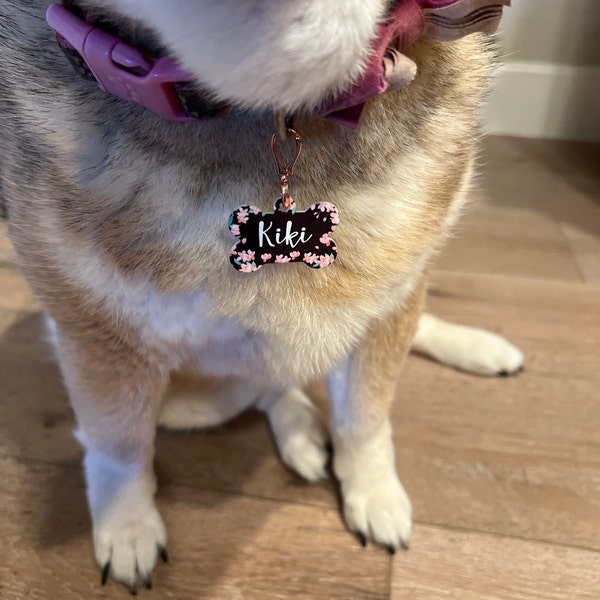 Pink Flowers Dog Tag, Dog ID Tag, Dog Tag, Floral Pet Tag, Girl Dog Tag ...