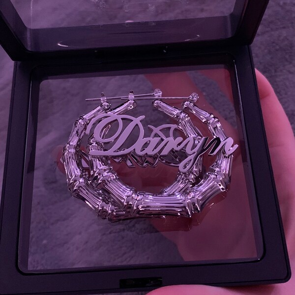 Bamboo Earrings Name, Custom Name Earrings, Bamboo Hoop, Monogram ...