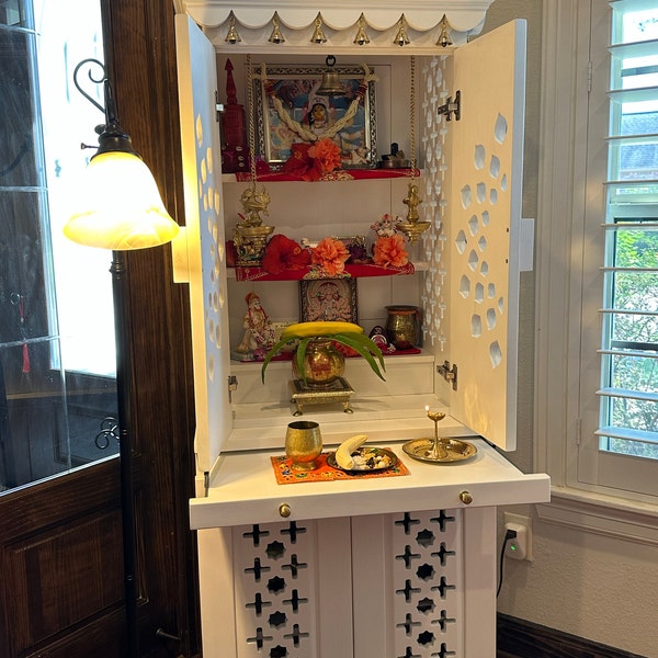 AVANEESH - Handmade Solid Wood Puja Mandir With Pullout Tray and Drawer ...