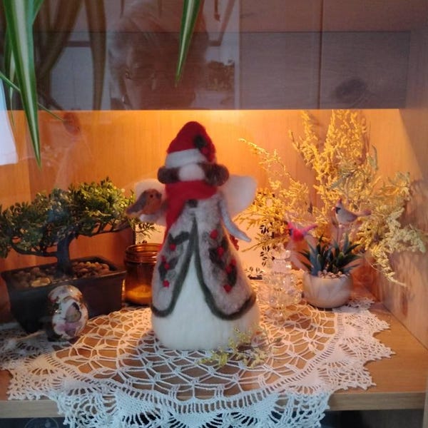Needle Felt Holly Angel Tree Topper With a Robin, Waldorf Inspired ...