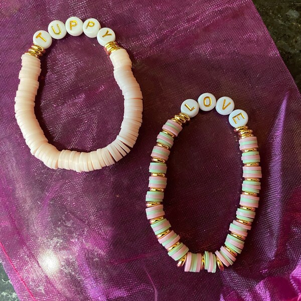 Valentine's Day Heishi Bead Bracelet Stack, Personalized Gift for Her, Name Braclelet, Bracelet ...