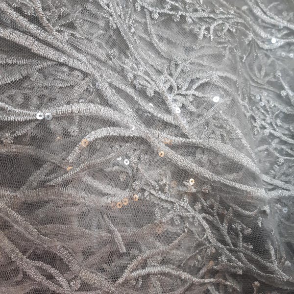 Silver Gray Lace Fabric, Silver Embroidery on Lace, Floral Embroidered ...