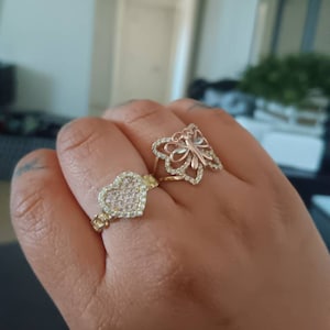 10K Gold Tiny Heart Flower Ring / 10K Gold Stacking Ring / Cute Ring ...