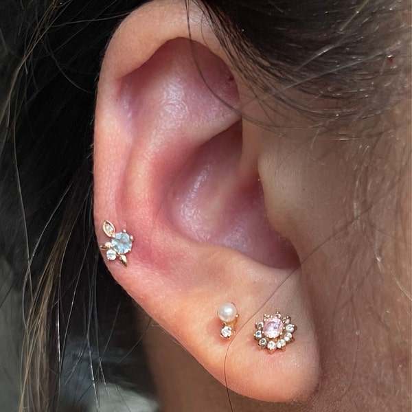 14K 18K Solid Gold Genuine Aquamarine & Tiny Diamonds Elf Leaf Stud ...