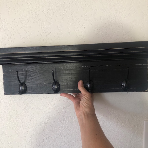 Wall Shelf With Hooks, Black Hooks, Bathroom, Coat Rack, Farmhouse ...