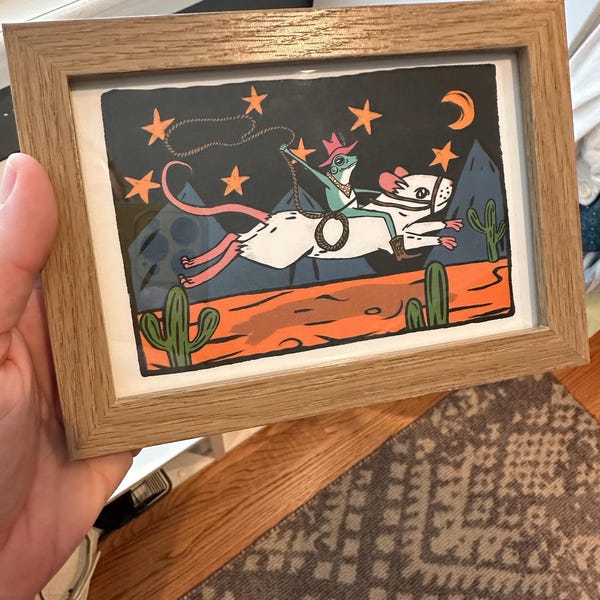 Framed Cowboy Frog Riding Mouse Print - Ready to Hang 4"x6" Wall Print ...
