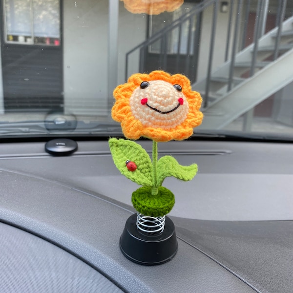 Crochet Smiley Sun & Star Flower Car Accessories, Car Plant Bobblehead ...
