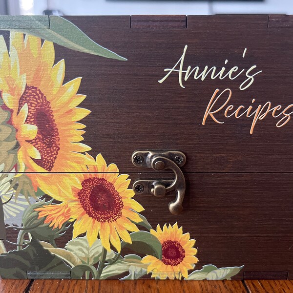 Personalized Recipe Box With Sunflowers, Wooden Recipe Box With 9 ...