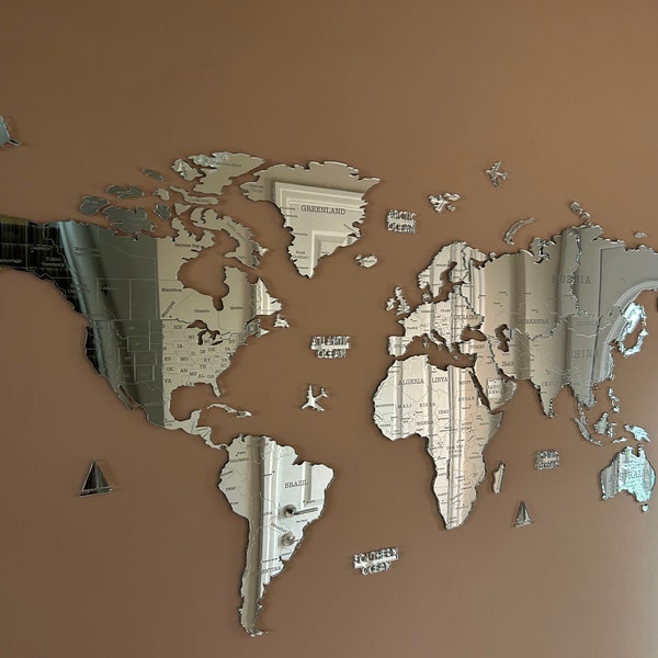 Silver Mirror World Map Wall Art: Engraved Acrylic - Etsy UK