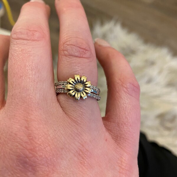 Mammoth Sunflower Ring, Flower Ring, Stack Ring, Silver Stack Ring, Sunflower Stack Ring, Boho ...