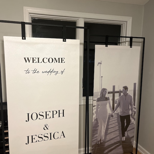 Black Curtain Wedding Welcome Sign With Stand, Curtain Print Welcome ...