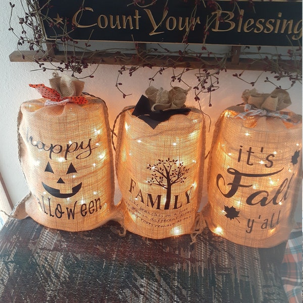 Fall Lighted Burlap Sacks, Burlap, Fall Decor, Autumn Decor, Harvest ...