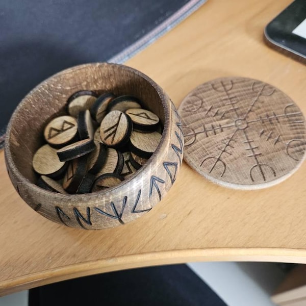 Hand Turned Alder Wood Box of 24 Dark Wood Runes Round Small Rune Set ...