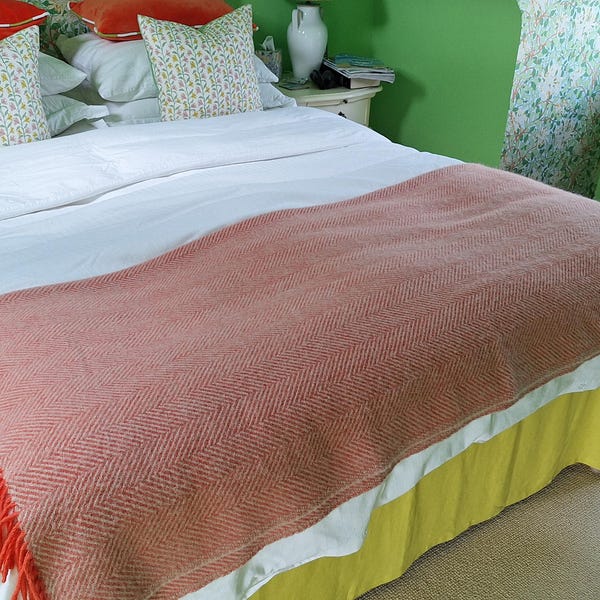 Raspberry Pink and Sage Green Illusion Weave Pure New Wool Blanket ...