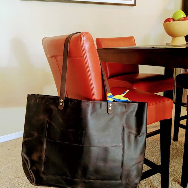 Extra LARGE Leather TOTE Bag With Pockets and ZIPPER / Black ...