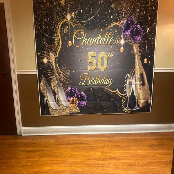 Custom 50th Birthday Photo Backdrop High Heels Wine Glasses Champagne ...