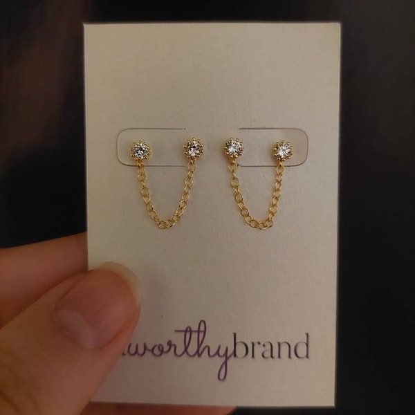 Double Piercing Earring Chain, Dainty Chain CZ Double Stud Earrings ...