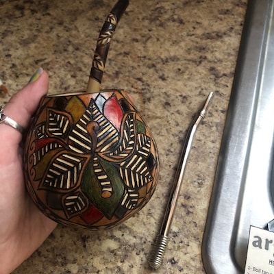 Handcarved Yerba Mate Gourd Flowers Design Includes 2 Straws Bombillas ...